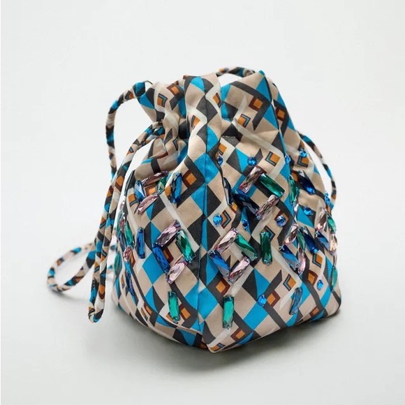 Zara | Bags | Zara Printed Beaded Bucket Bag Blue Nwt | Poshmark